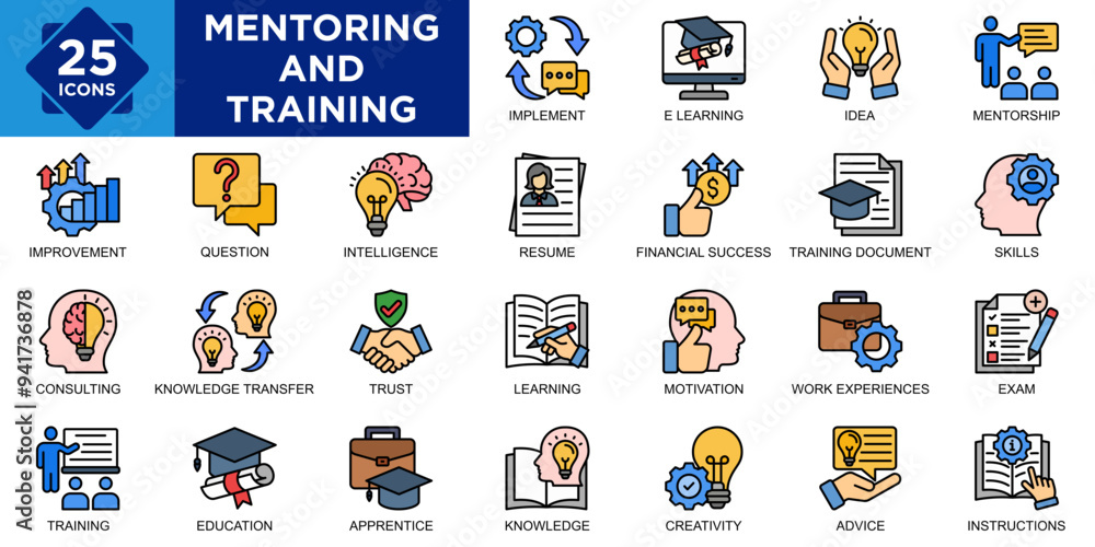 mentoring and training, training, business, team, mentor, work icon set. Outline icons ...