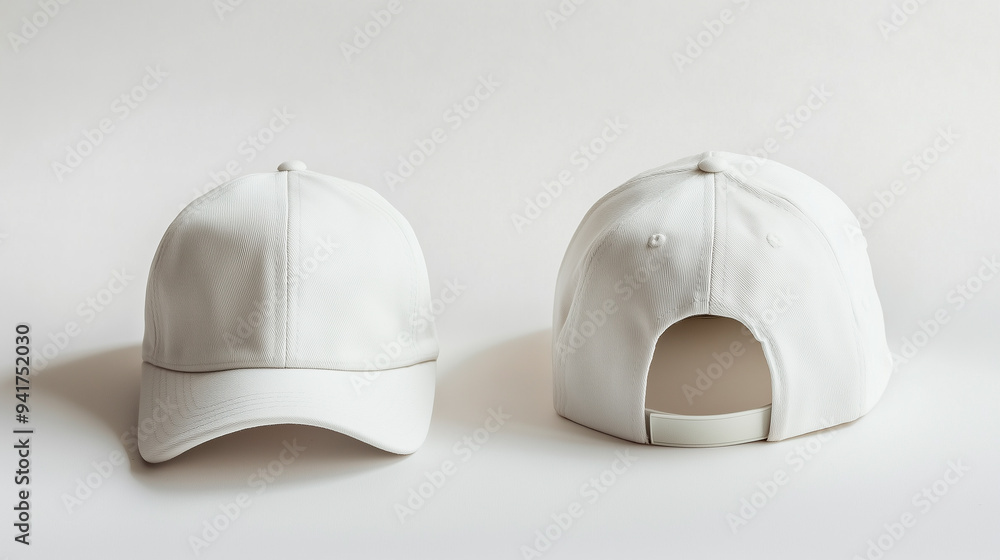 The image features a plain white baseball cap shown from both the front ...