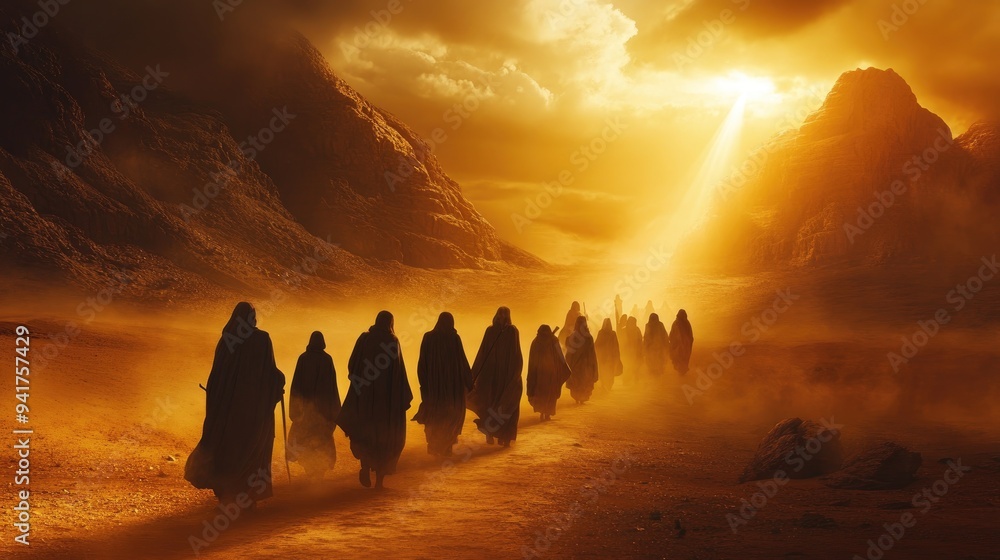 Silhouetted robed figures follow Moses in the exodus, a dramatic desert ...