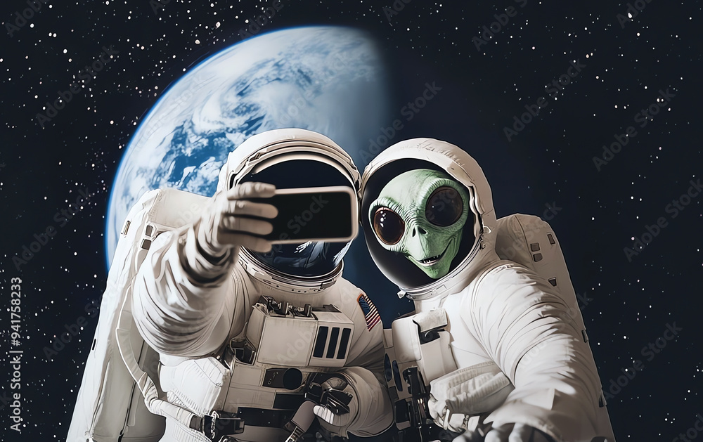 astronaut in suit and alien taking a selfie floating in space with ...