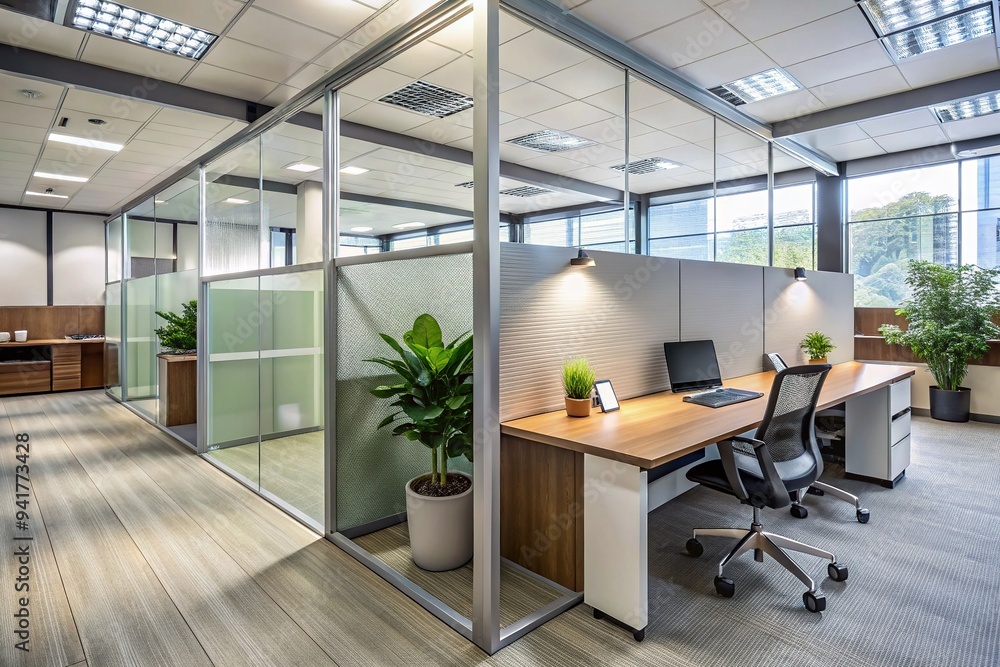 A modern office cubicle with frosted glass walls and a comfortable ...