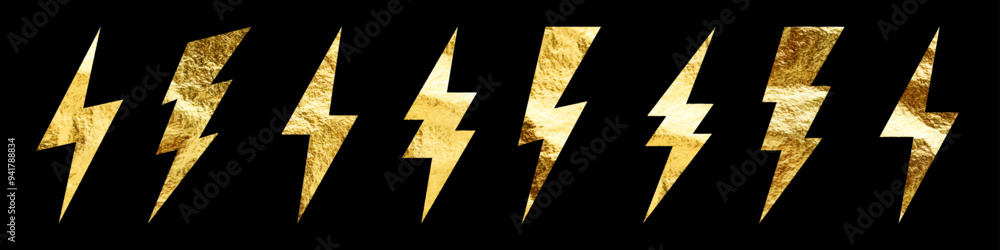 Golden lightning bolt icons collection. Gold foil texture. Flash symbol ...