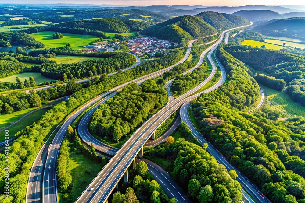 Aerial view of winding roads and highways intersecting amidst lush ...
