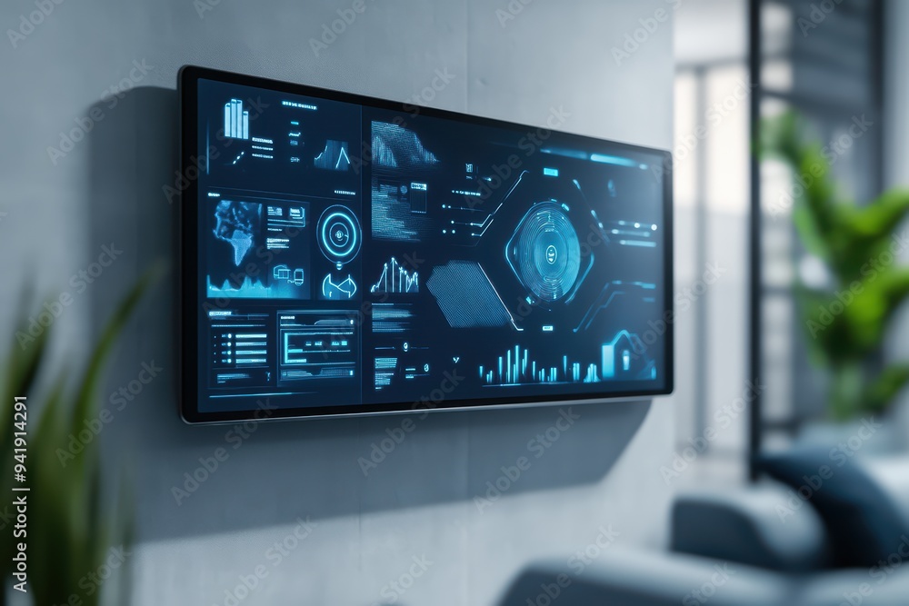 Futuristic control panel displaying data analytics and graphs in a modern office environment ...