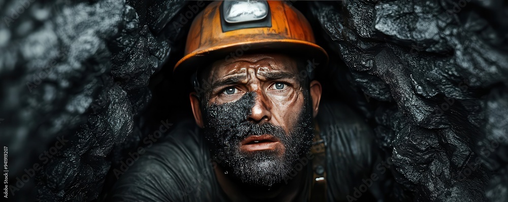 A coal miner emerging from a dark shaft, face covered in soot ...