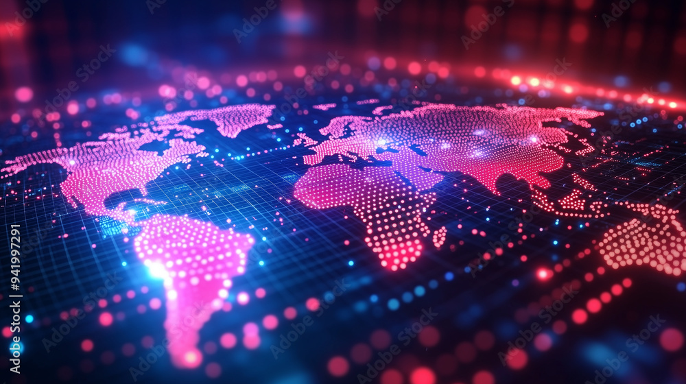 "IT" floating over a digital map of the world, showing global data ...