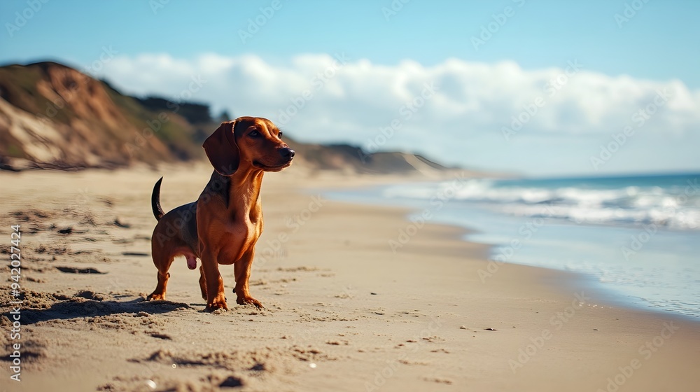 Foto de Stock A curious and playful Dachshund standing on a sandy beach ...
