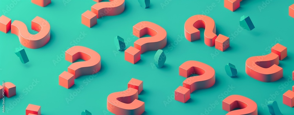 3D isometric orange question marks on a teal background in a minimalist ...