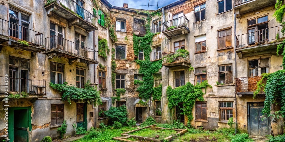 Run-down, neglected apartment building with broken windows, overgrown ...
