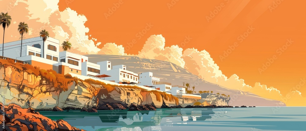 Cartoon Drawing of Sohar, Oman Coastline: Sunny Day with Lazy Clouds ...