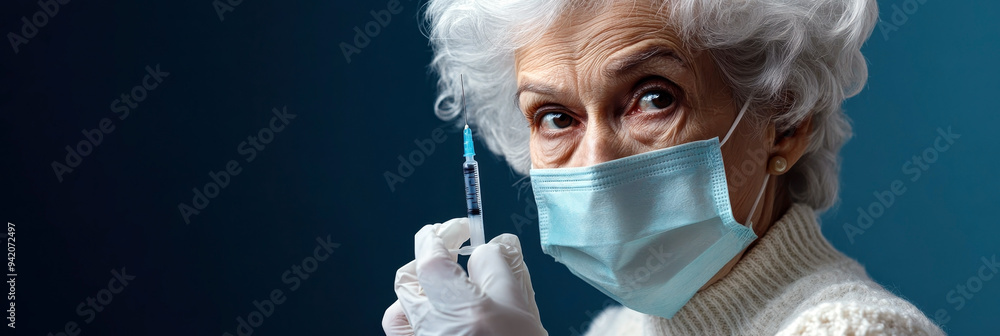 Elderly gray-haired woman in mask with syringe. Horizontal banner ...
