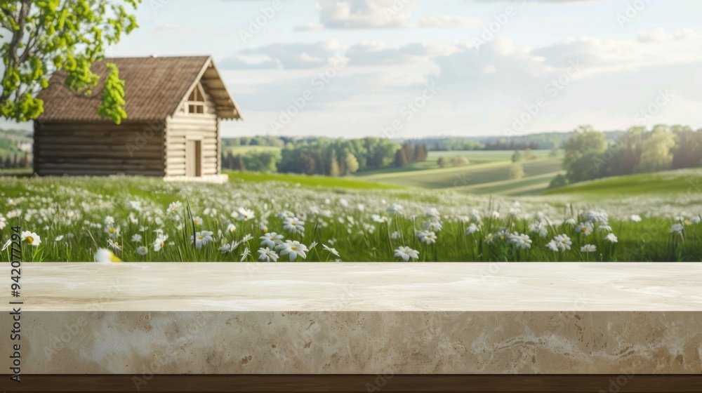 Tabletop on farm background with wooden house. Empty concrete ...