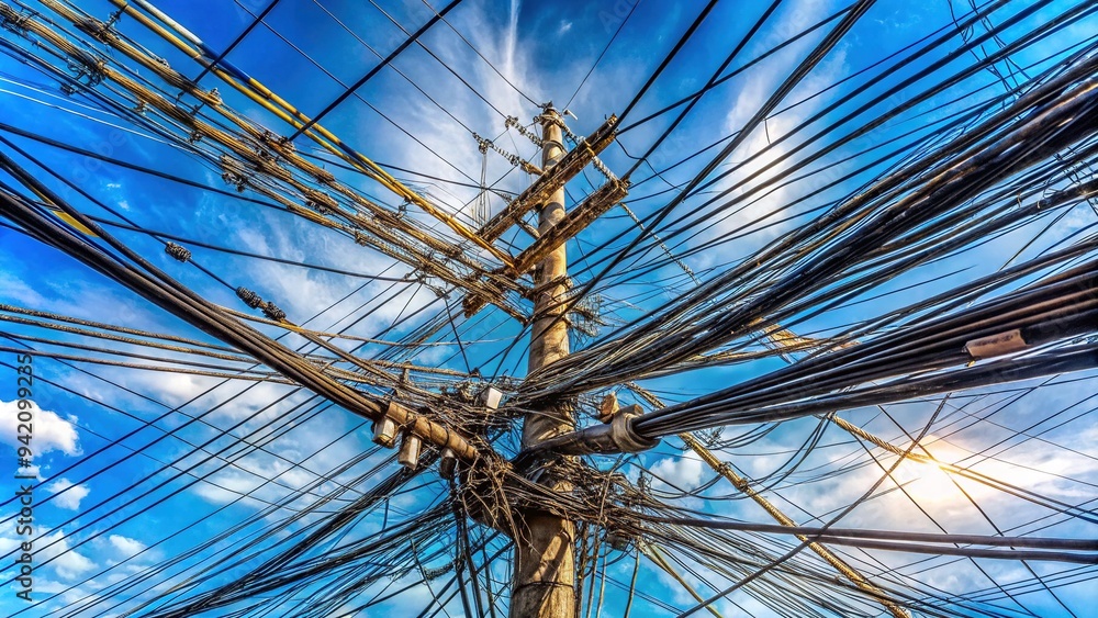 Tangled mass of overhead electrical wires and cables crisscrossing ...