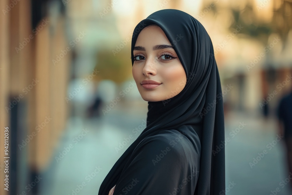 Happy Emarati women wearing Abaya doing cross arm looking far. UAE girl ...