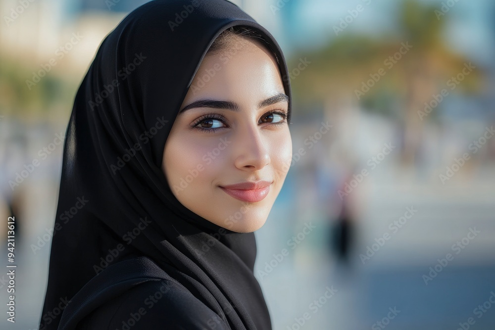 Happy Emarati women wearing Abaya doing cross arm looking far. UAE girl ...