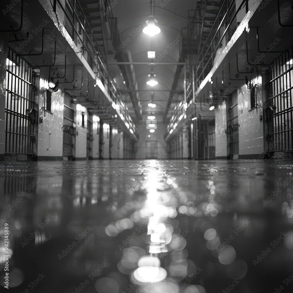 This black and white image captures a hauntingly symmetrical view of an ...