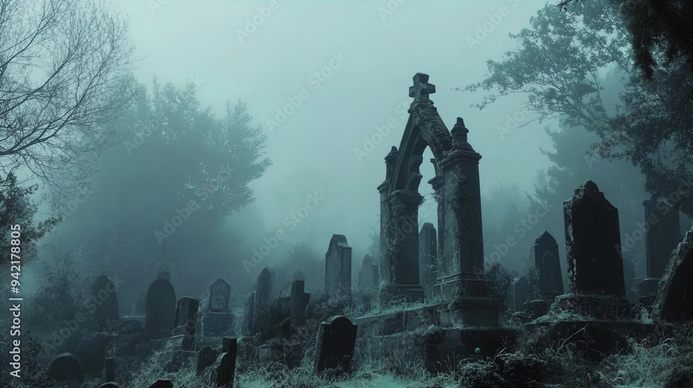 An eerie and atmospheric graveyard scene enveloped in dense fog. The ...