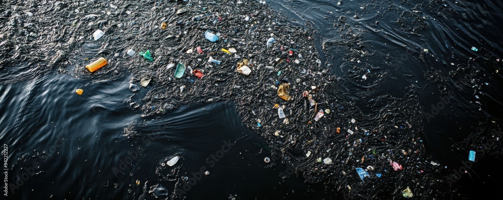 A polluted ocean scene with floating plastic waste highlighting the ...