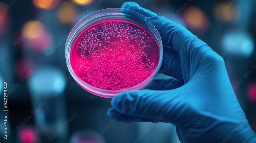 Scientist conducting research with petri dishes filled with pink agar ...