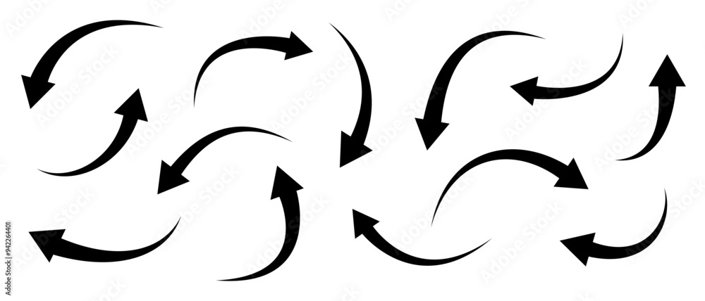 Black curved arrows icons set. Arrow sign in flat style. Wind movement ...