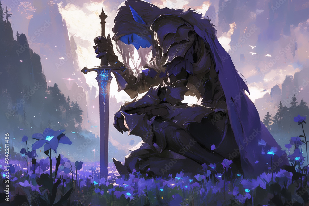 drow knight kneeling in a field of glowing blue flowers at dawn ...