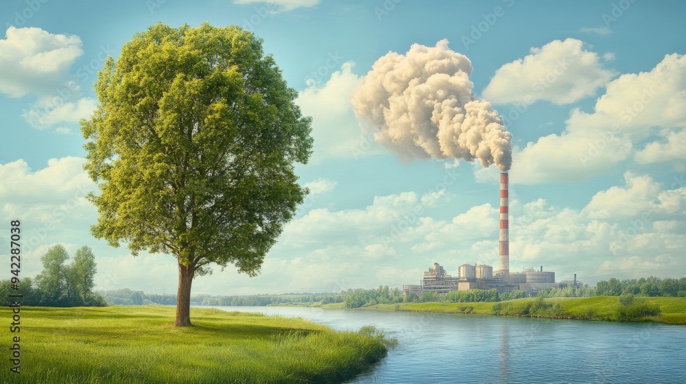 Animated 3D presentation of a green meadow and tree with clear air ...