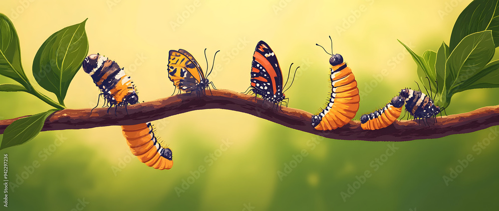 Butterfly development stages - caterpillar larva, pupa, imago. Life ...