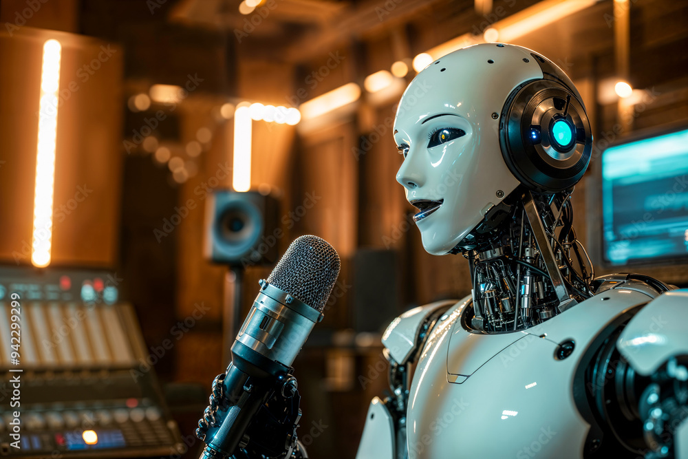 Robot AI singer musician in recording studio, artificial intelligence ...