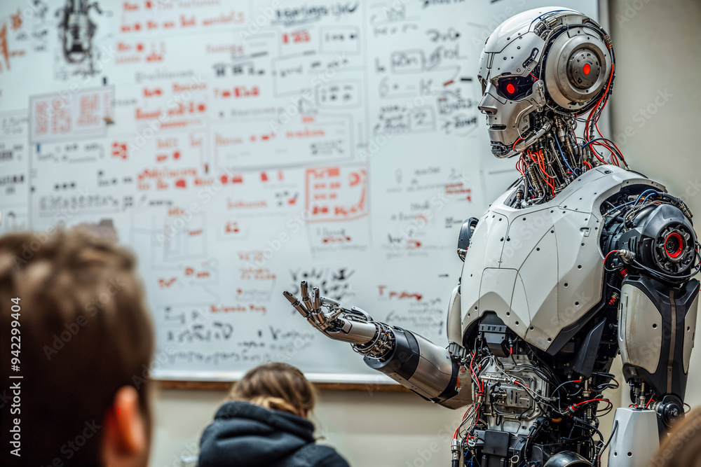 Robot AI teacher lecturing in a classroom, artificial general ...