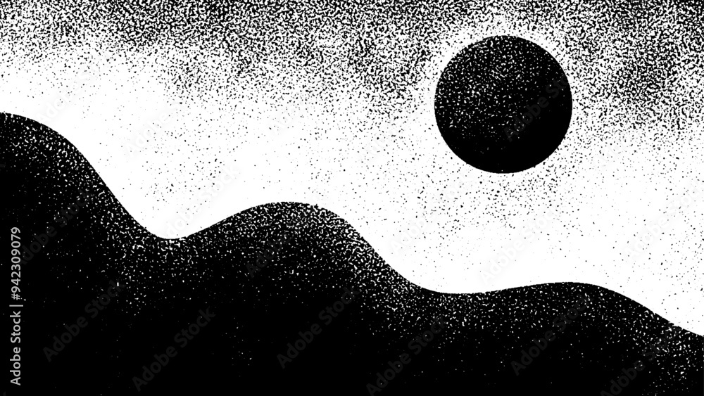 Vector black and white grainy landscape. Textured illustration with ...