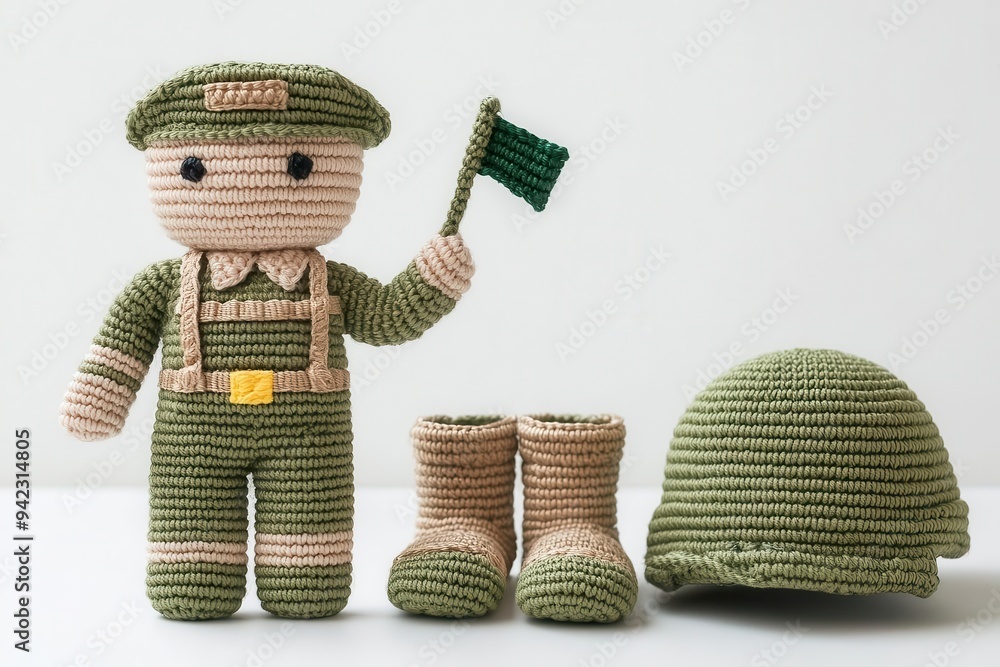 Amigurumi crochet soldier in uniform holding a mini flag, placed ...