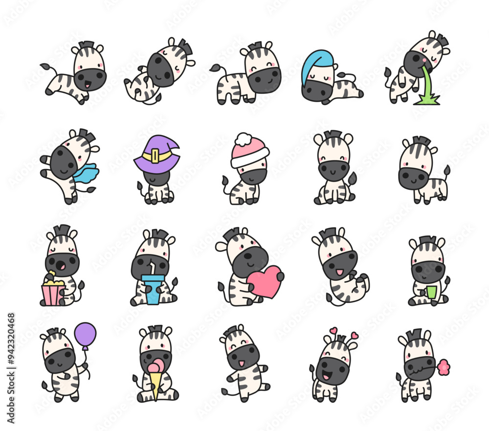 Cute kawaii zebra. Adorable animal character. Hand drawn style. Vector ...