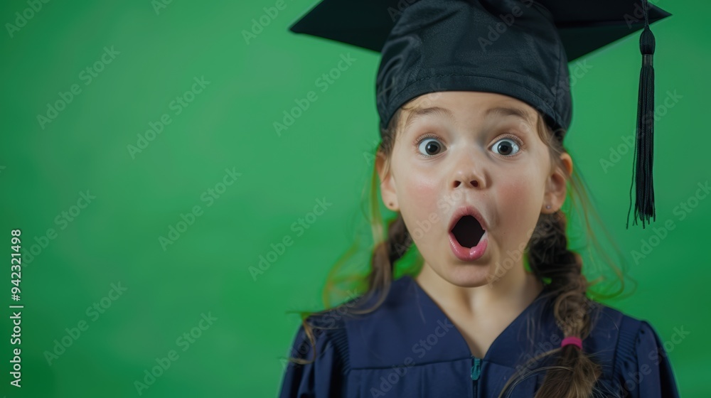Childs surprised reaction on a green screen for graduation, learning ...
