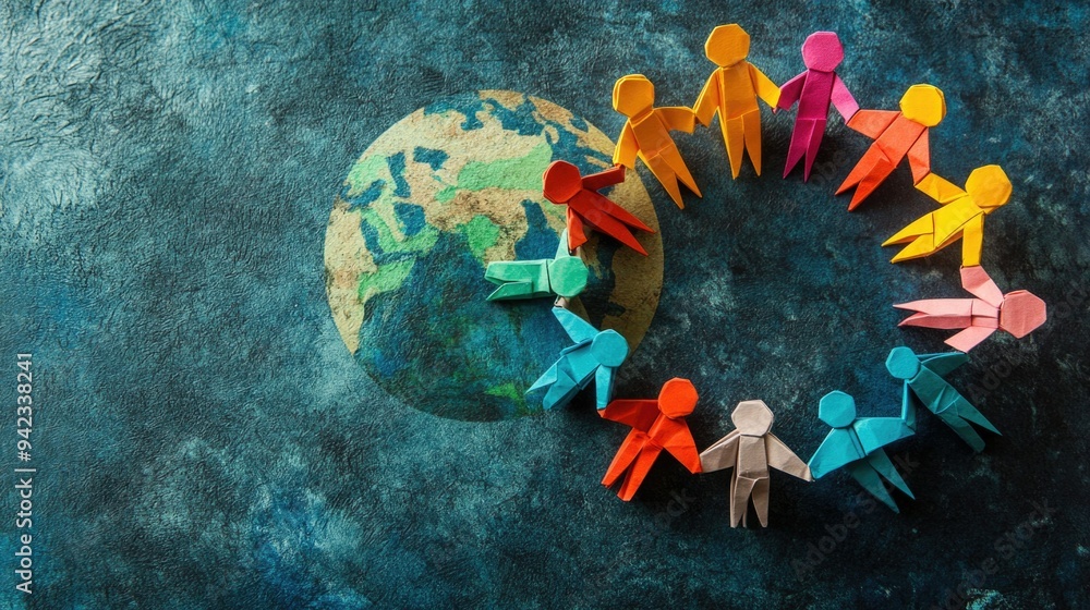 Paper people in different outfits hold hands in front of a globe ...