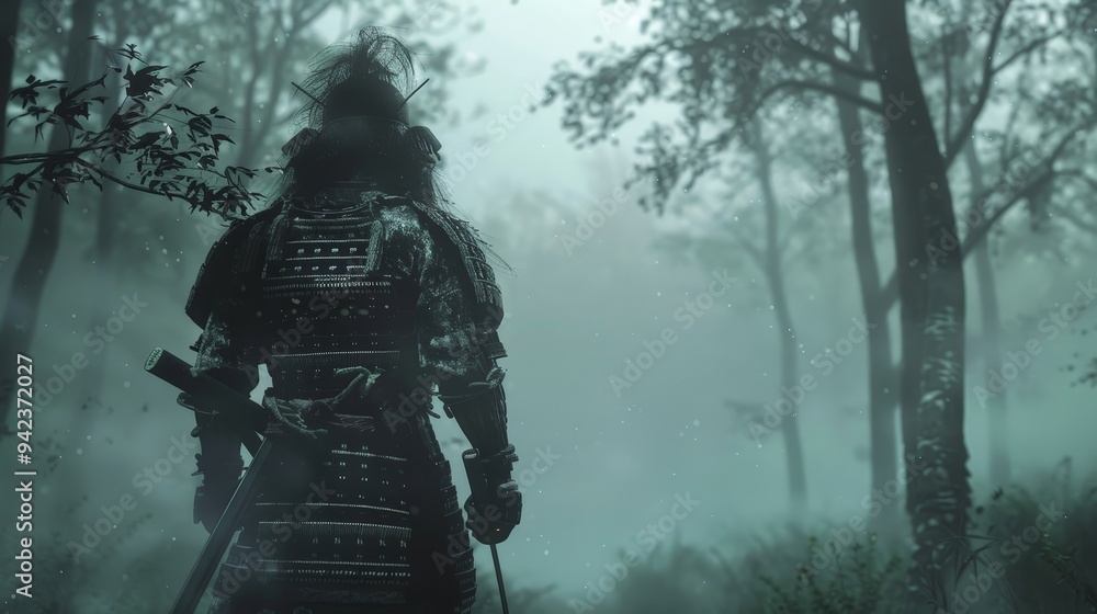 Render a 3D samurai in a foggy forest, with mist swirling around him ...