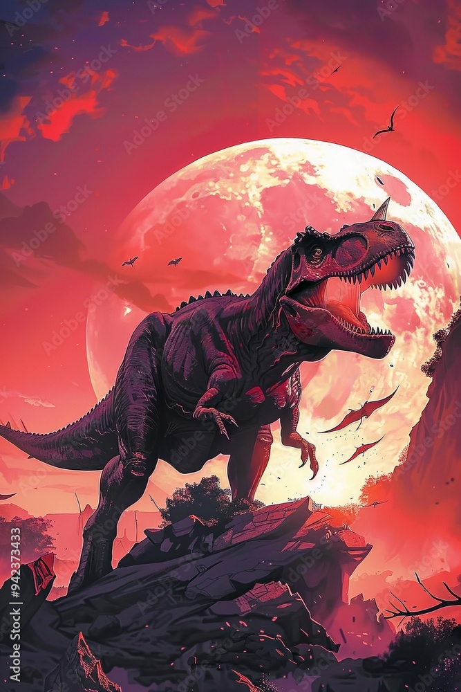 Tyrannosaurus Rex stands menacingly, a demonic beast under a glowing ...