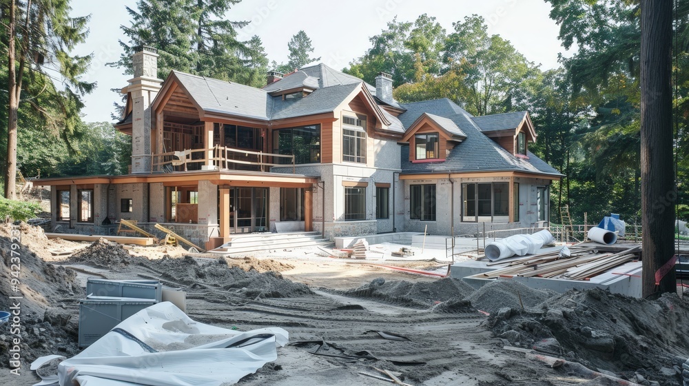 The early stages of a luxurious home being built, featuring high-end ...