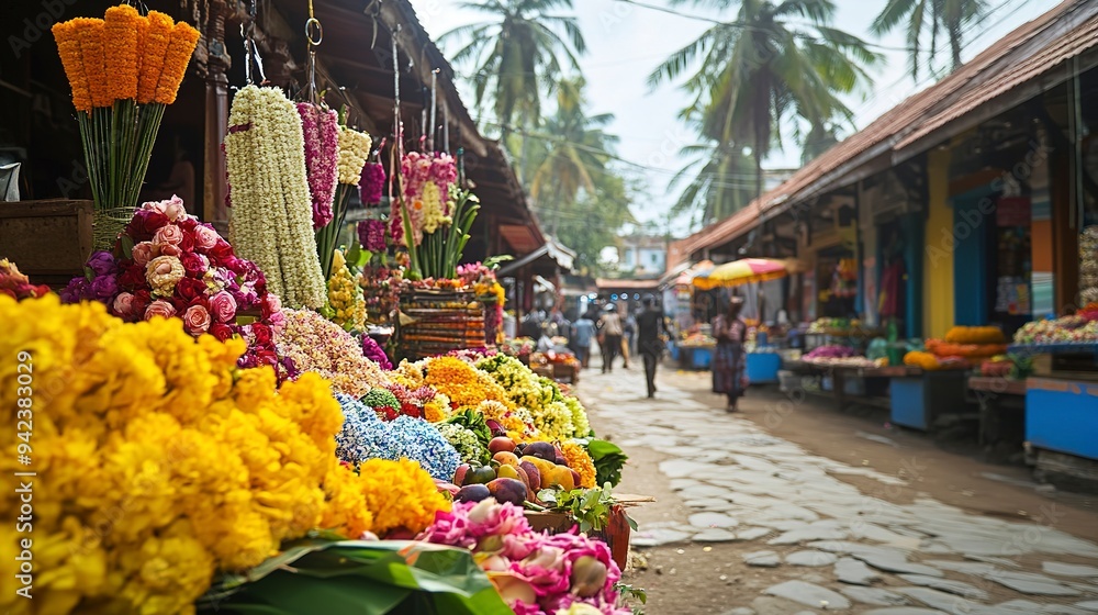 A vibrant market scene in Kerala with stalls selling fresh flowers ...