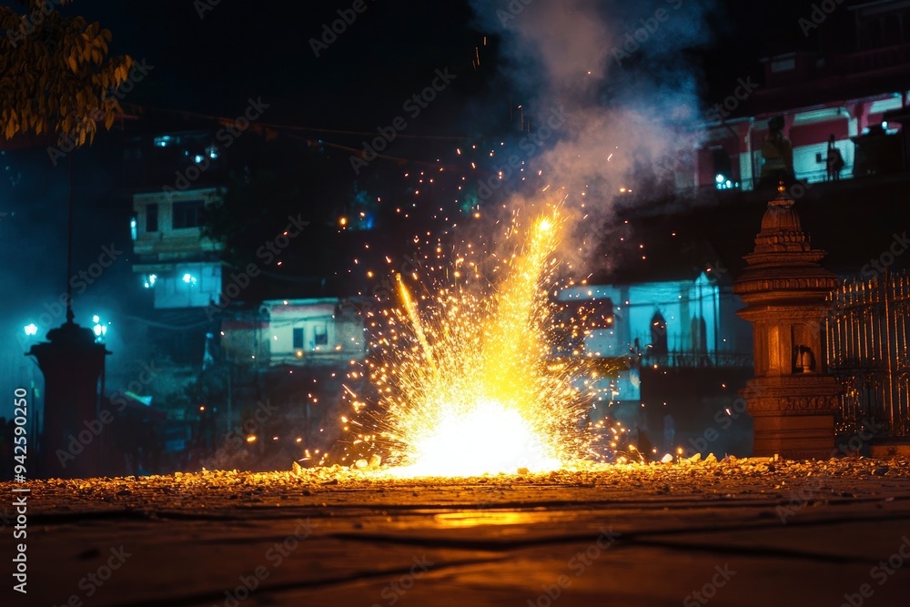 beautiful night photograph diwali rocket launching hot fire work flames ...