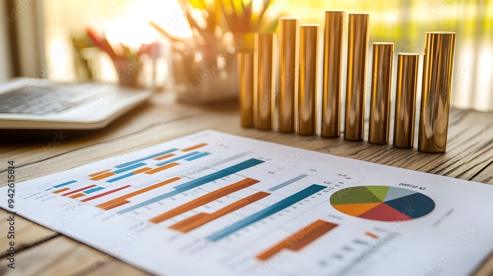 A detailed financial report with bar graphs pie charts and other data ...