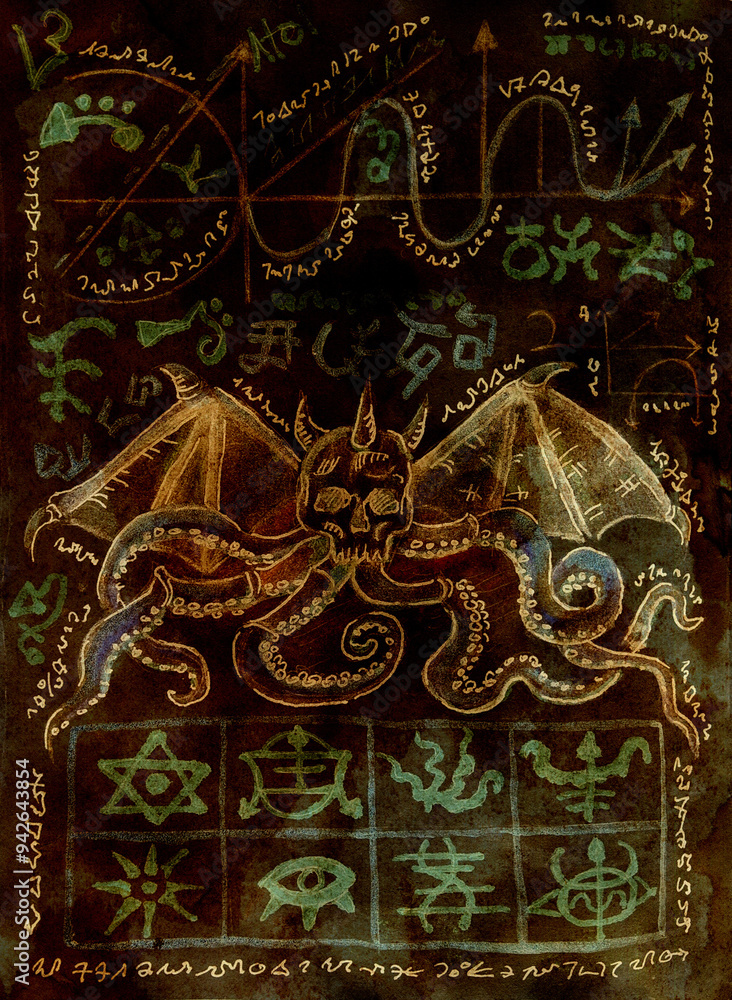 Styled hand drawn illustration of decorated old page with demon and ...