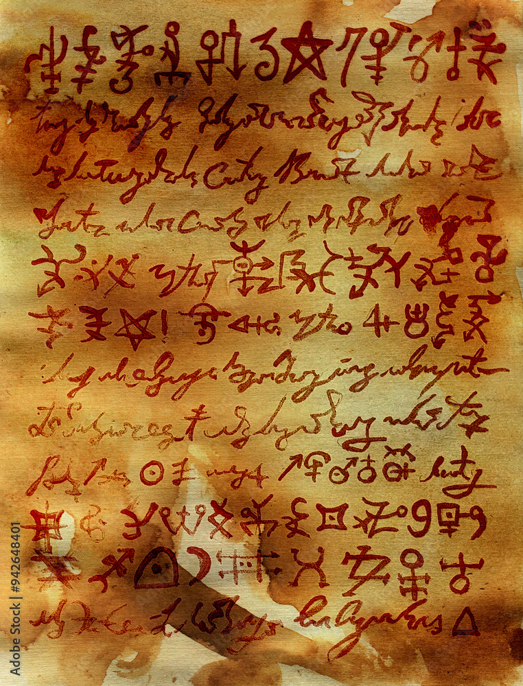 Textured hand drawn illustration of decorated old page with mystic ...