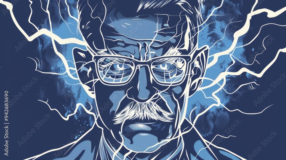 Mad scientist portrait with blue lightning, vector illustration in blue ...
