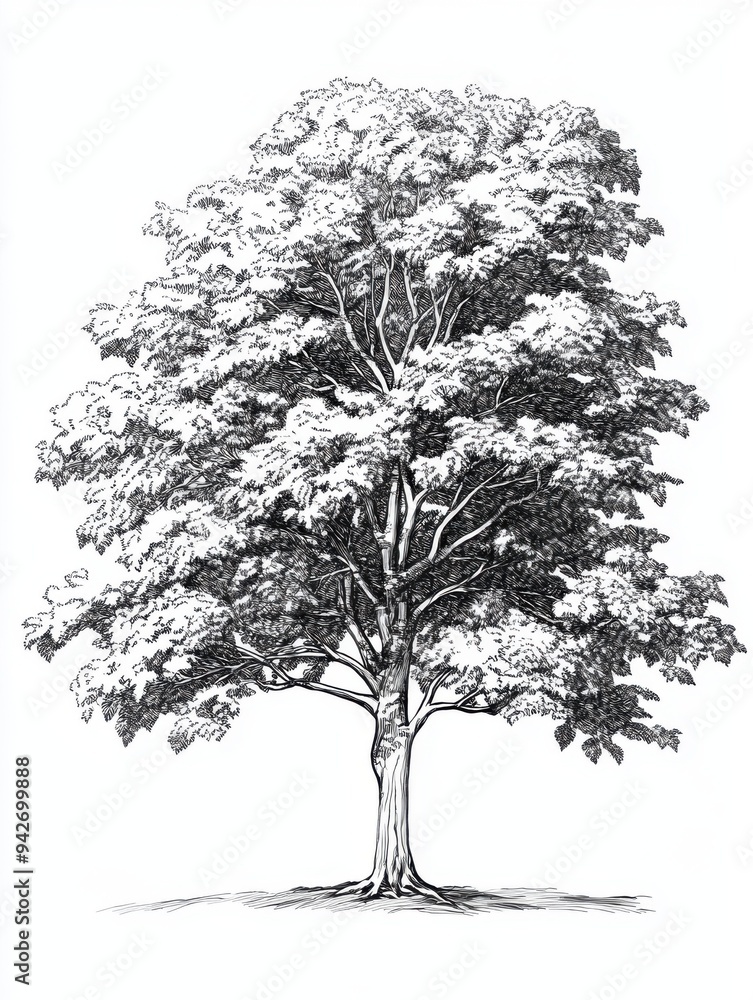 Black and white Vintage engraved art of a sycamore tree, isolated on ...