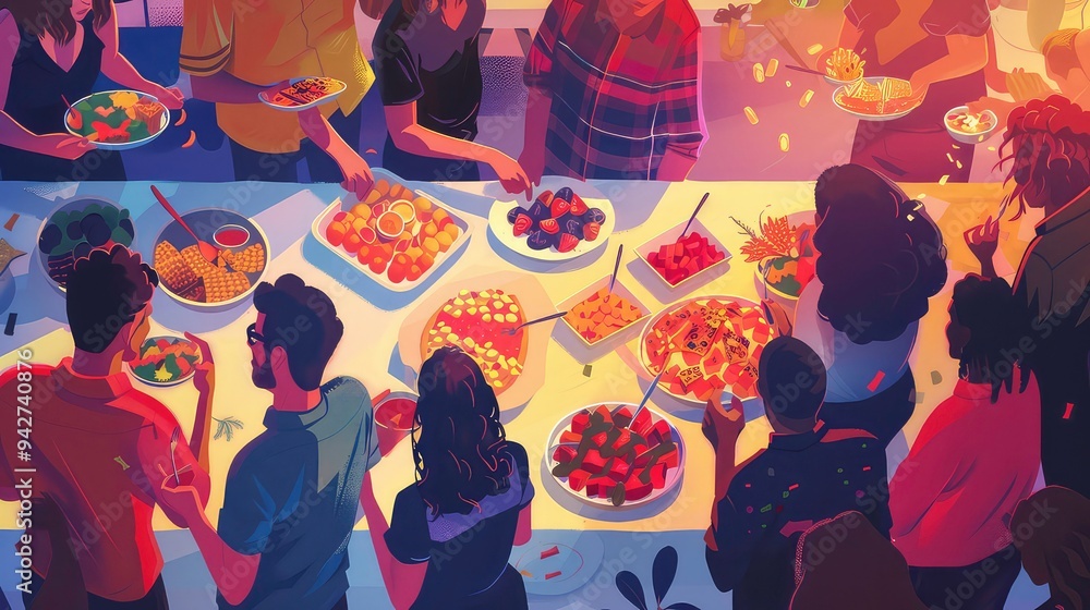 A group of people are gathered around a table full of food. There are a ...