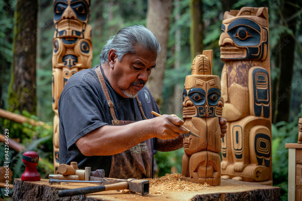 Native American artist carving a totem pole from wood, surrounded by ...