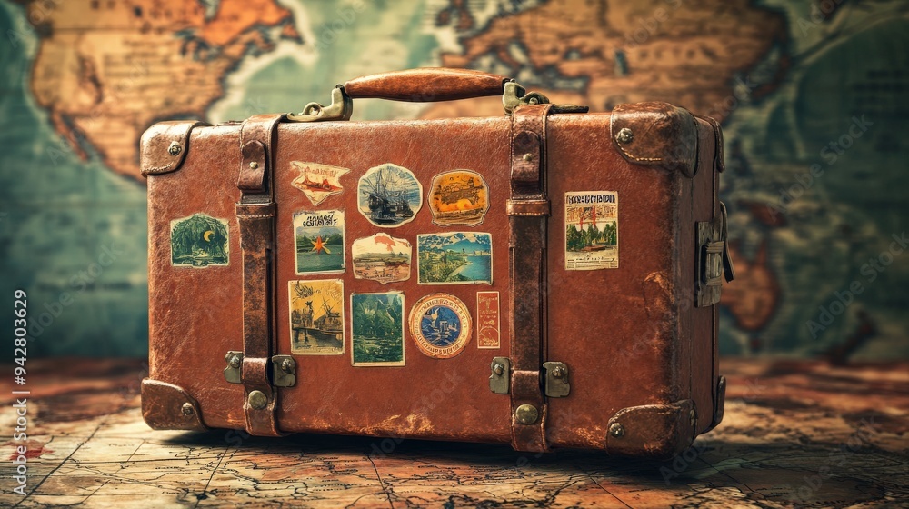 This unique vintage suitcase, covered in vibrant travel stickers ...