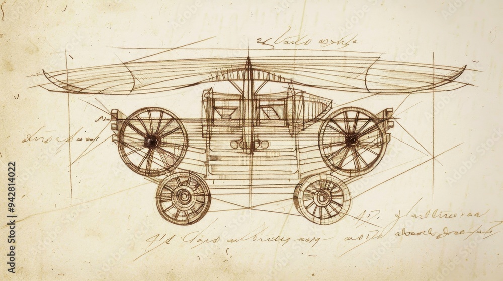 Abstract technical drawing of an ancient machine. The outline ...