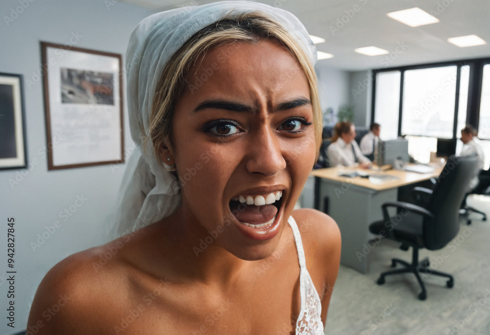 Annoyed young woman on her first day of work in an office, feeling ...