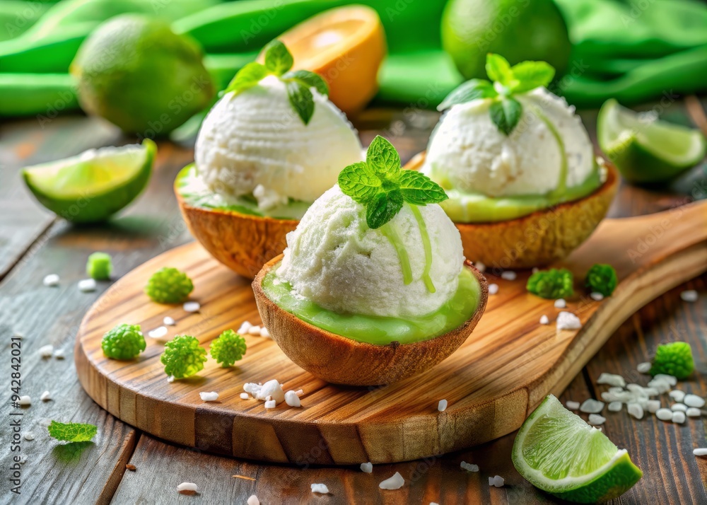 morning dew droplets glisten on fresh green coconut flakes atop fluffy ...